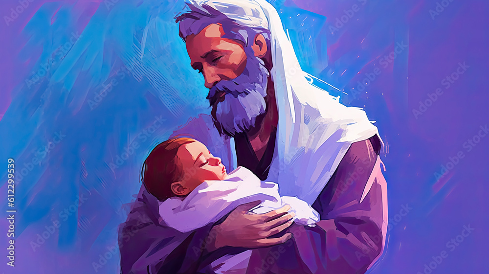 Colorful painting art portrait of a father holding his son in his arms ...