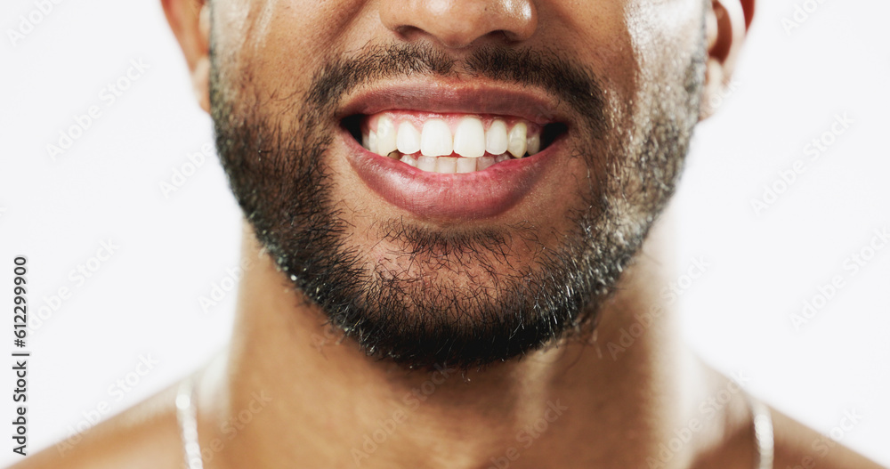 Dental, teeth and smile of Indian man in studio for beauty, cleaning ...