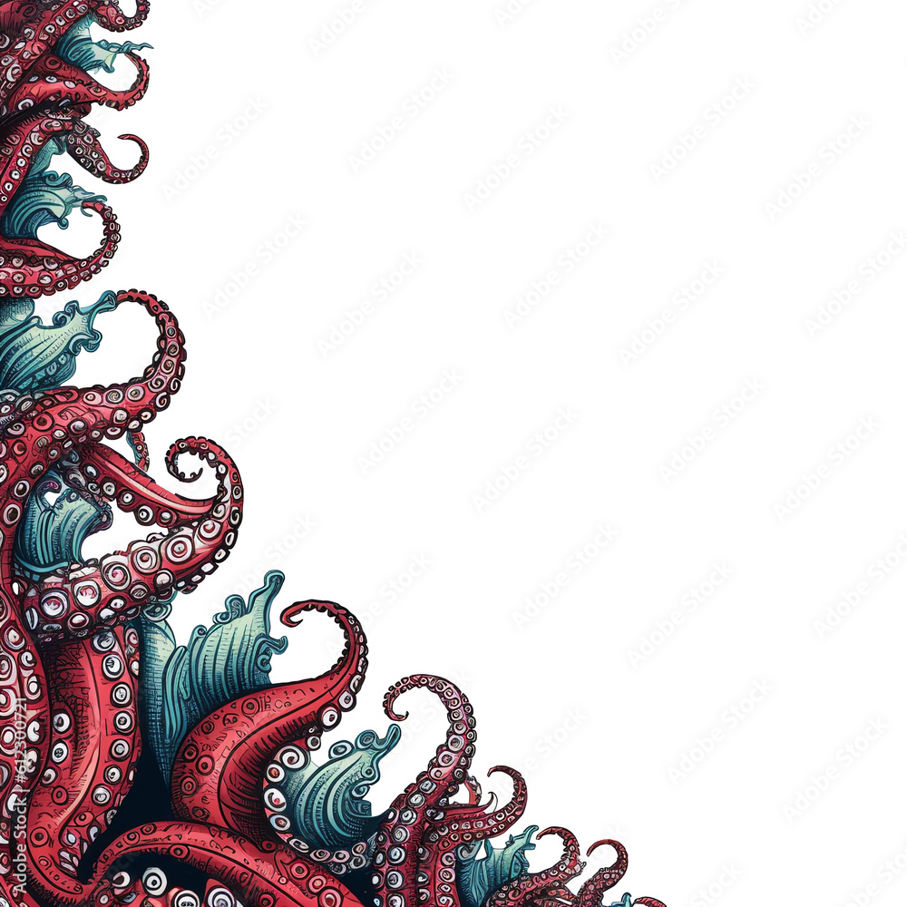 Tentacles and seaweed inked border in style of old illustration ...