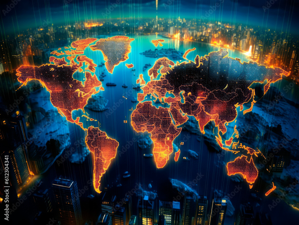 Digital world map background, earth network. Worldmap in neon light ...