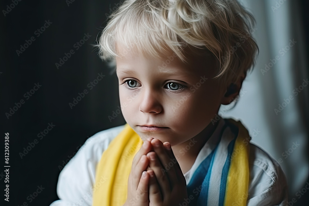 Sad blue-eyed boy in a white shirt praying with a Ukrainian flag around ...