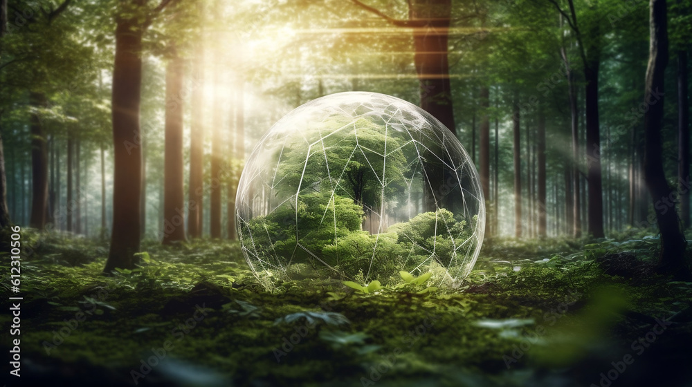 Glass globe in green forest with the icon environment of ESG, co2 ...