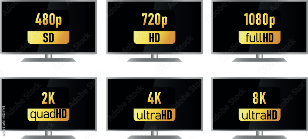 Vettoriale Stock Monitro, TV Size Resolution. 480, 720, 1080, 2k, 4K ...