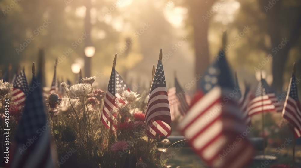 ภาพประกอบสต็อก Memorial for fallen soldiers, with flags, flowers, and a ...