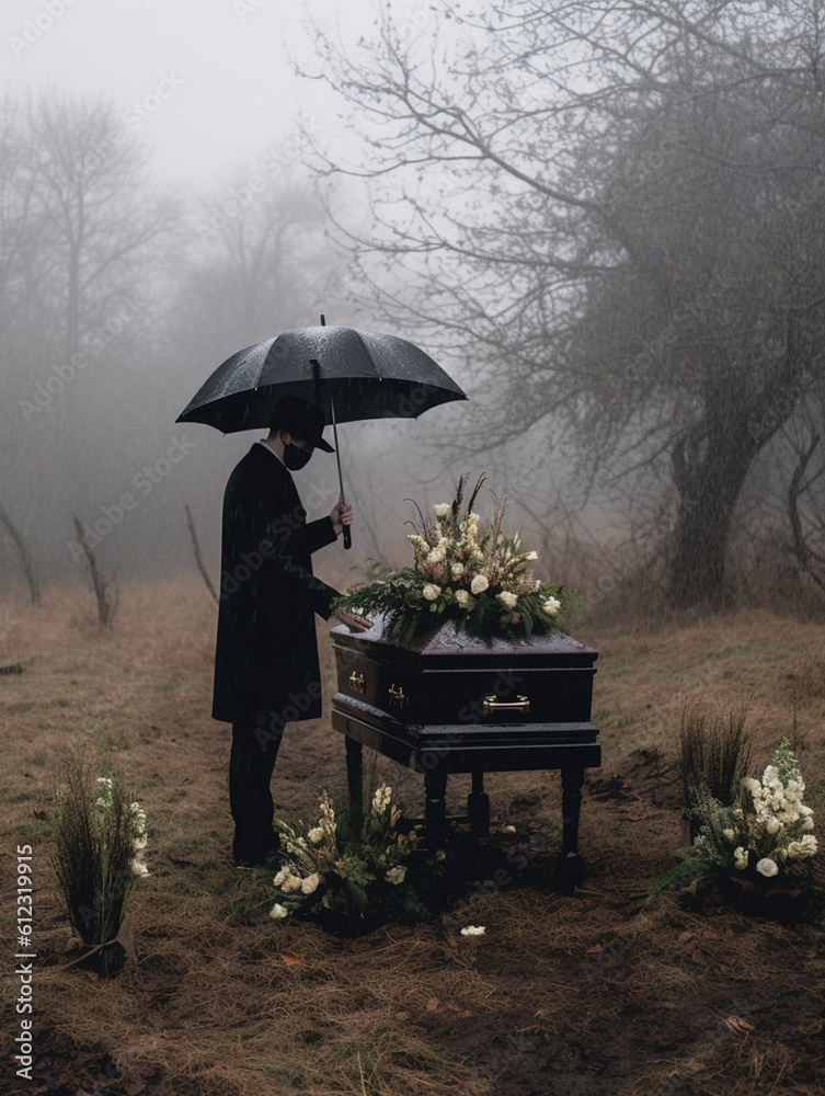 Cinematic scene of a funeral on a foggy scenario, created with ...