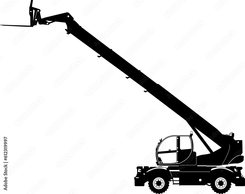 Silhouette of a modern rotating telehandler. Side view of telescopic ...