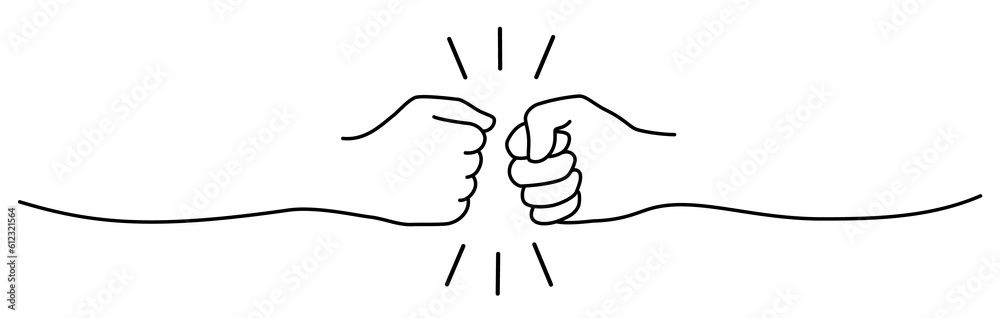 Fist bumping banner hand drawn with single line. Team work, cooperation ...