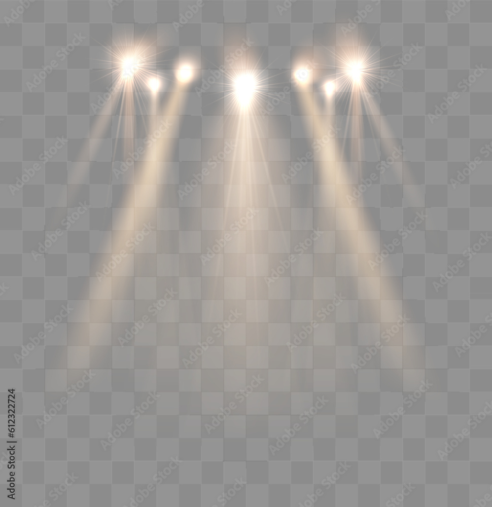 Spotlights isolated. Gold Light beams and rays. Transparent vector ...