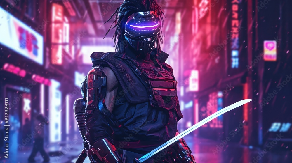 Cybernetically enhanced street samurai, wielding a high tech sword and ...