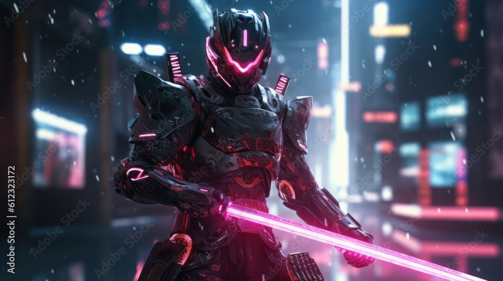 Cybernetically enhanced street samurai, wielding a high tech sword and ...