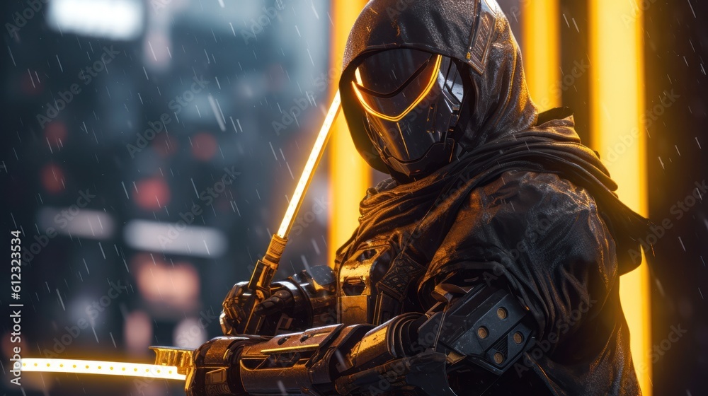 Cybernetically enhanced street samurai, wielding a high tech sword and ...