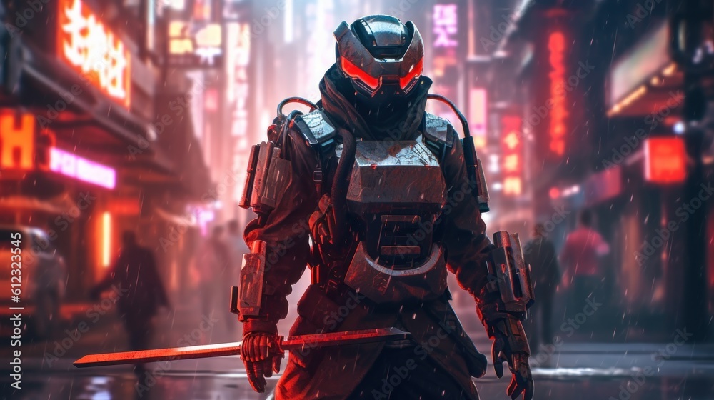 Cybernetically enhanced street samurai, wielding a high tech sword and ...
