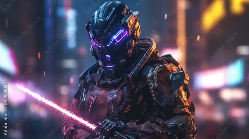 Cybernetically enhanced street samurai, wielding a high tech sword and ...