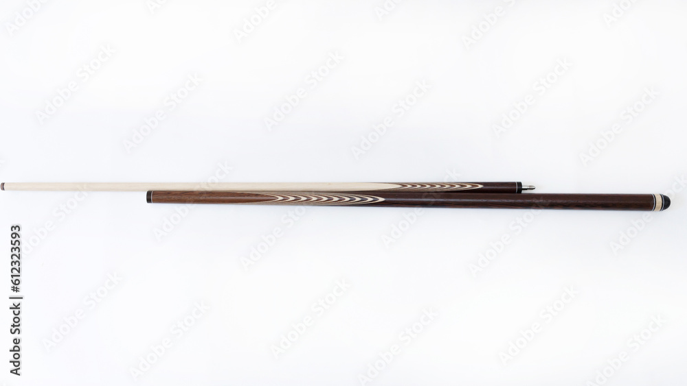 Billiard cues on a white background. Parts of a billiard cue close-up ...