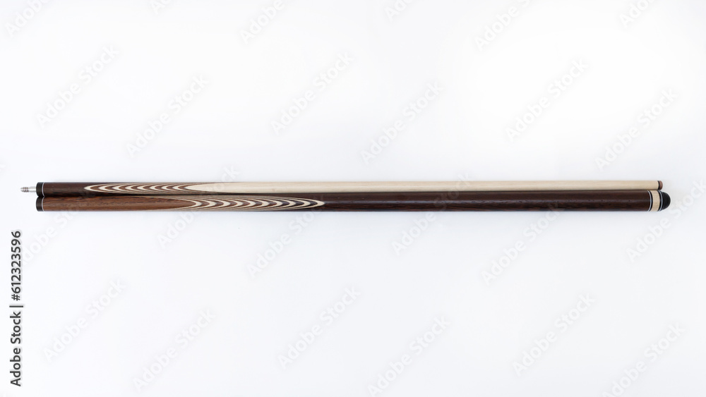 Billiard cues on a white background. Parts of a billiard cue close-up ...