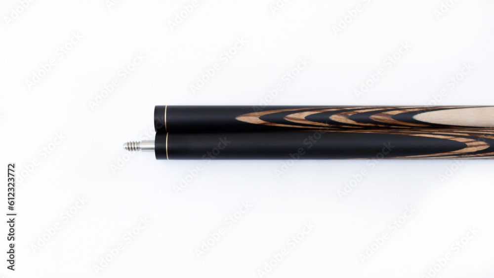 Billiard cues on a white background. Parts of a billiard cue close-up ...