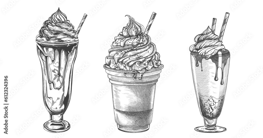 Hand drawn milkshake. Set in vintage engraved style. Dessert drinks ...