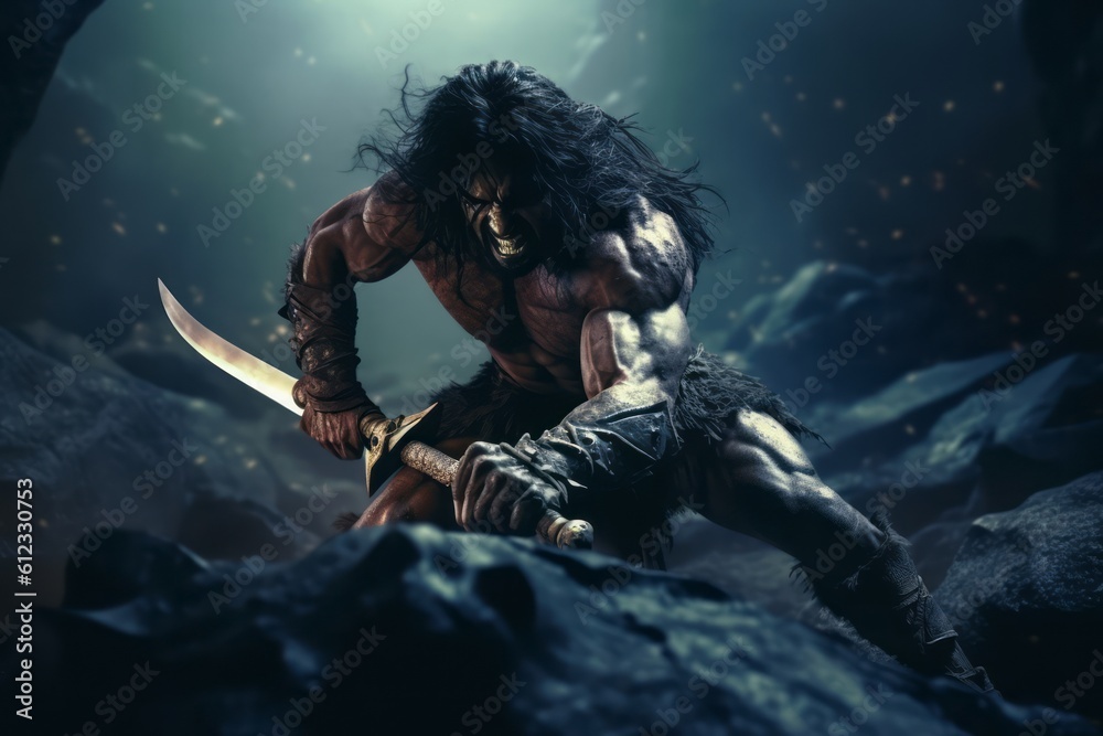A dynamic image depicting barbarian engaged in a fierce battle ...