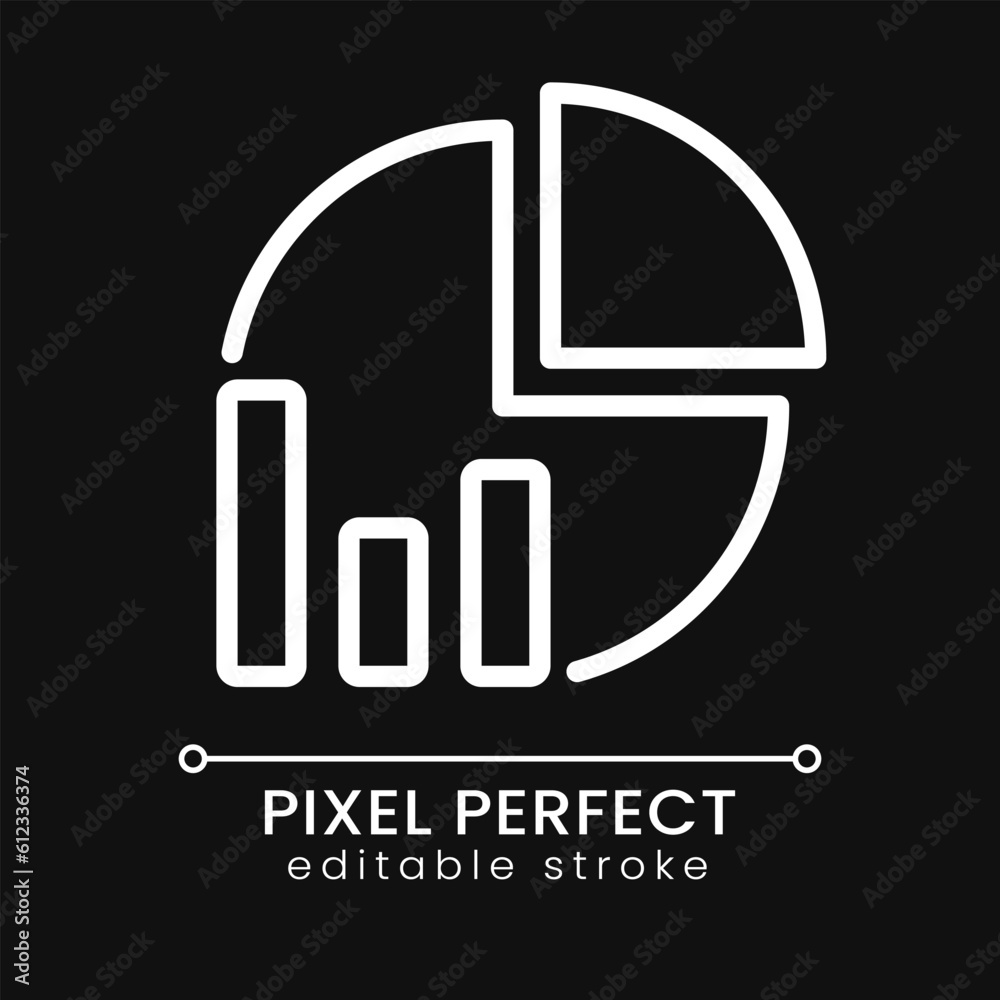 Pie chart pixel perfect white linear icon for dark theme. Data analysis ...