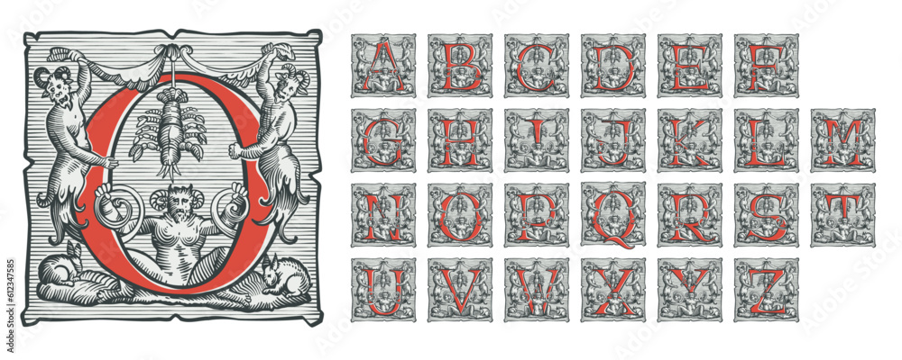 Gothic alphabet set. Medieval drop caps. Devil, witches and ghosts in ...