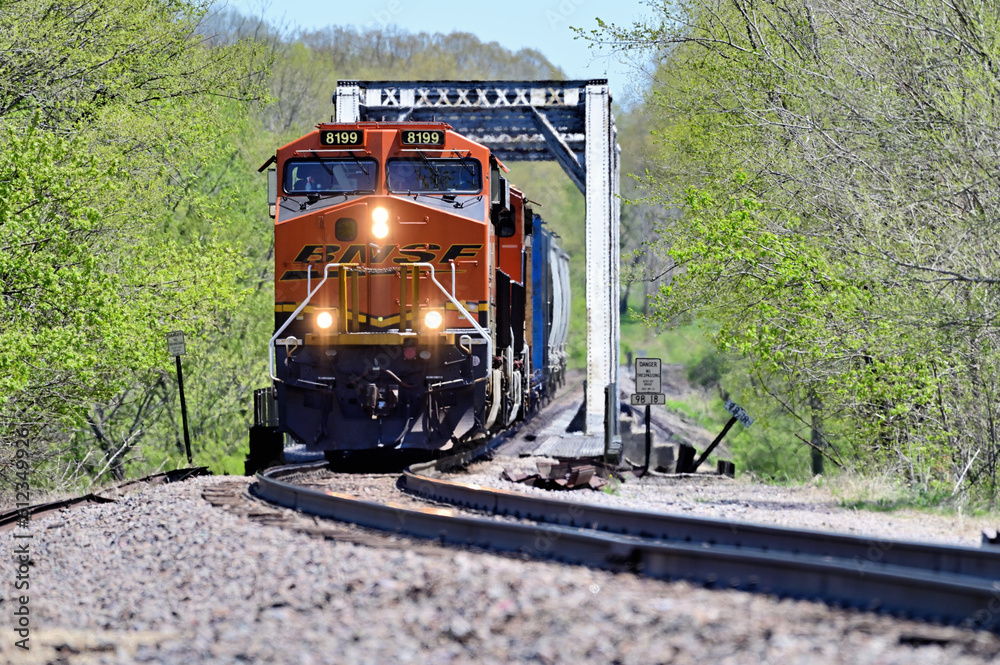 A Burlington Northern Santa Fe Railway freight train after crossing the ...