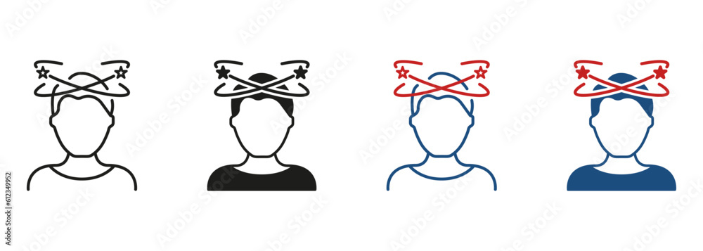 Migraine, Dizziness, Headache, Distracted Head Line and Silhouette Icon ... Migraine, Dizziness, Headache, Distracted Head Line and Silhouette Icon ...
