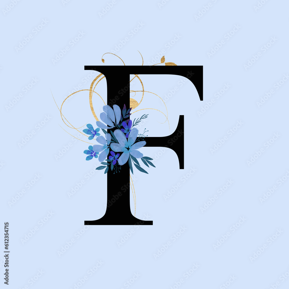 Capital letter F decorated with blue flowers and golden swirls. Letter ...