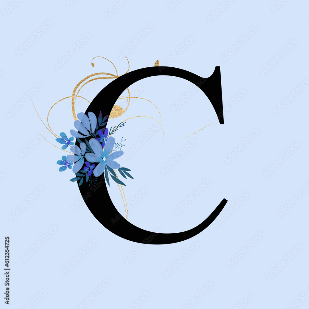 Capital letter C decorated with blue flowers and golden swirls. Letter ...