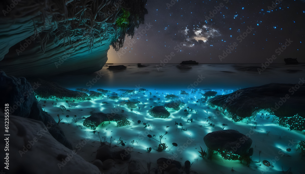 Bio luminescence blue light. Illumination of plankton at sand beach ...