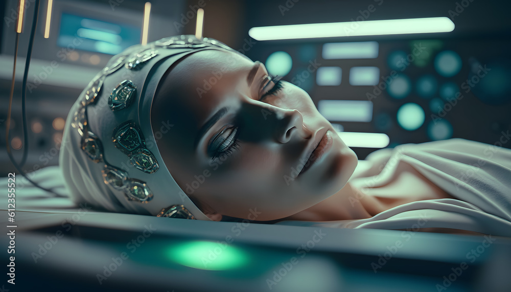 Lonely woman in scarf, sick with cancer, chained to bed in intensive ...