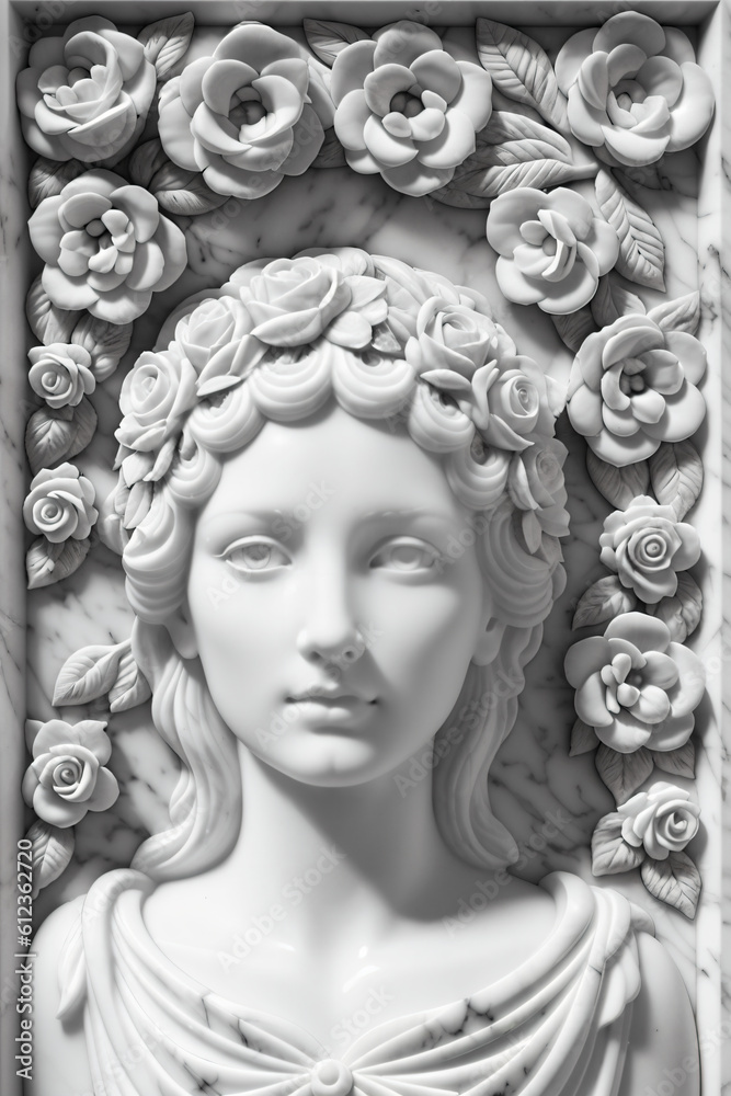 Marble bust of a woman with roses around her neck and a marble frame ...