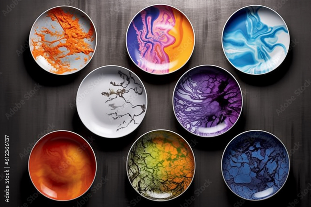 A series of hand-painted ceramic plates with unique and artistic paint ...