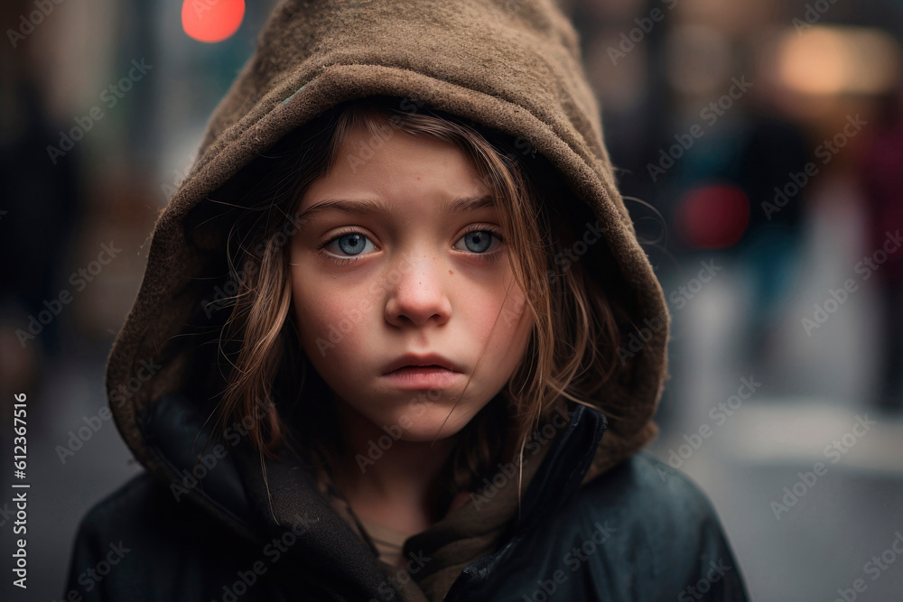 AI generated portrait of candid authentic fright homeless little girl ...