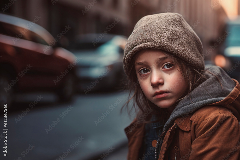 AI generated portrait of candid authentic fright homeless little girl ...