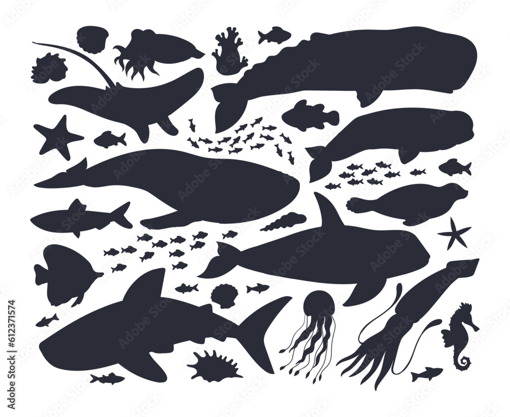 Ocean animals silhouettes. Underwater life fauna, whale, orca and ...