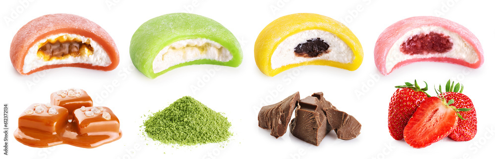 Four flavors of mochi ice cream isolated on a white background ...