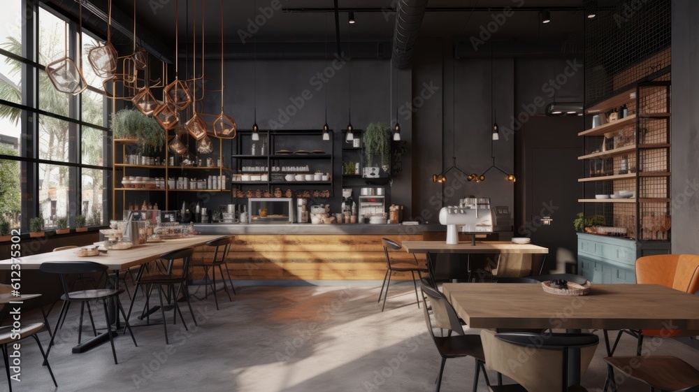 Loft style modern coffee shop interior. Gray concrete walls and floors ...
