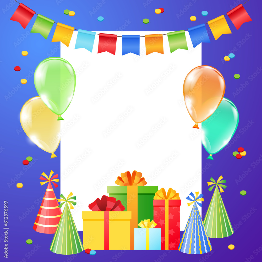 Bright birthday background template. Colorful frame of gift boxes ...