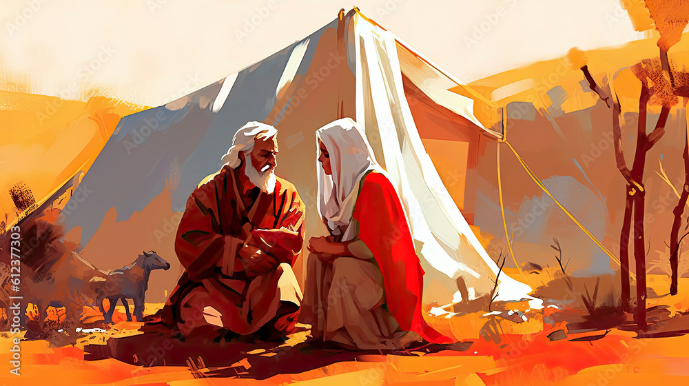 Colorful painting art portrait of Abraham and his wife Sarah sitting in ...