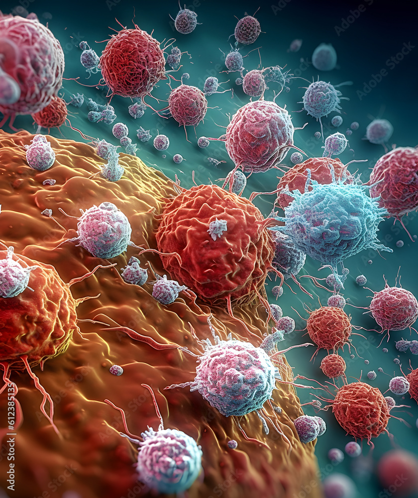 various human cancer cells on a cell structure, in the style of v-ray ...