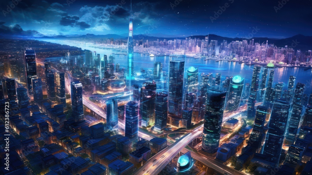 Sprawling megacity skyline at night, with towering skyscrapers ...