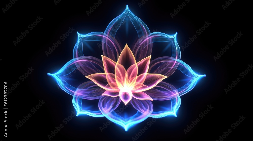 Multicolor neon light drawing, abstract shape flowers isolated on black ...