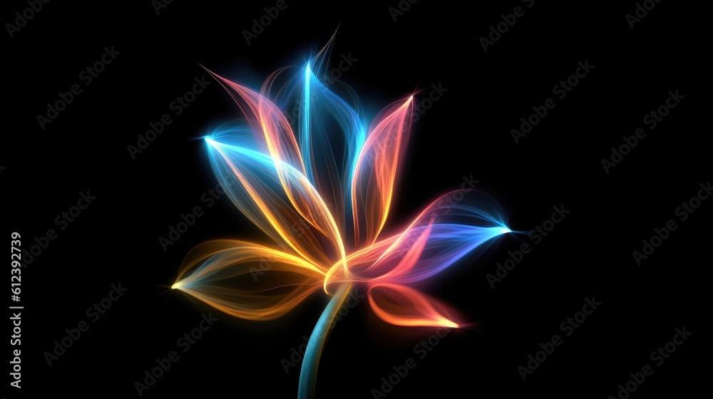 Multicolor neon light drawing, abstract shape flowers isolated on black ...