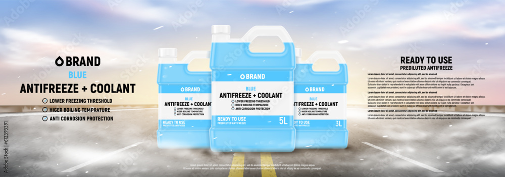 Coolant or antifreeze advertising banner. Realistic 3d vector ...