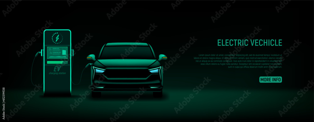 Banner with EV car at charging station. Vector illustration with green ...