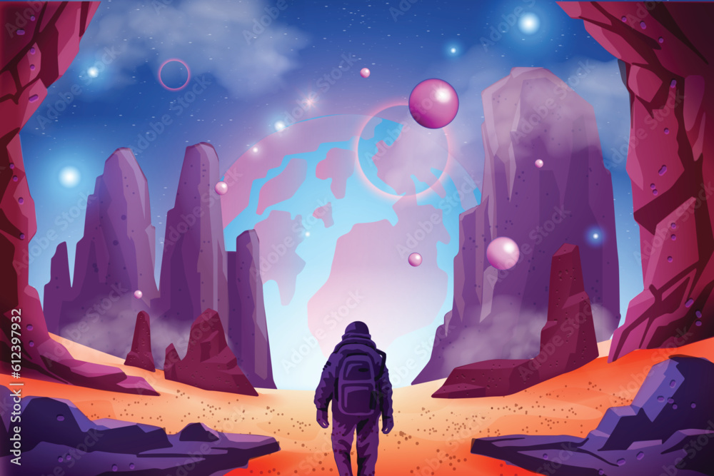 Space Mars game background, vector cartoon alien planet landscape, night sky, astronaut cosmic ...