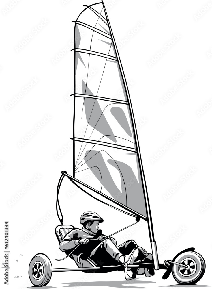 Sand yachting vector illustration uncolored. Drive sand yacht at beach ...