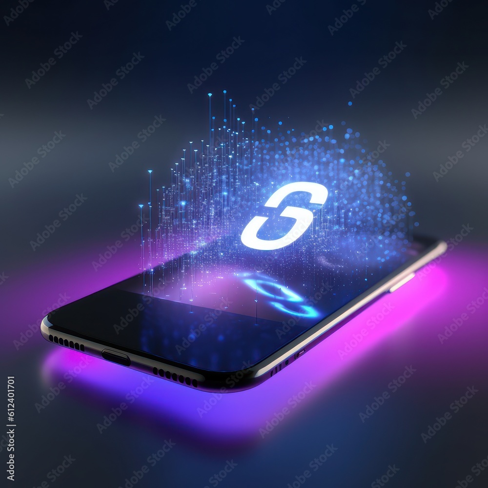 Smartphone screen with a floating logo of 5G mobile internet networks ...