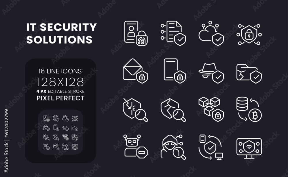 IT security solutions white linear desktop icons on black. Information ...