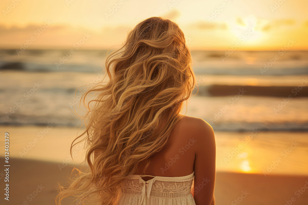 Frau Mit Langen Blonden Haaren Steht Am Strand Und Blick Auf Das Meer 4332